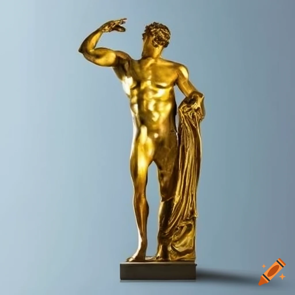 Gilded bronze statue of a muscular man shielding his eyes under ...