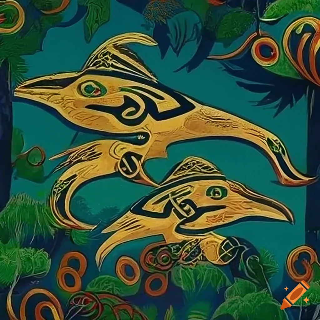 Celtic and salish designs with seahawks, ravens, fish, and forest ...