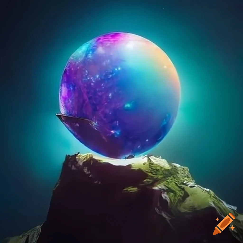 Aetherium Nexus Massive Crystal Orb on an island mountain top on Craiyon