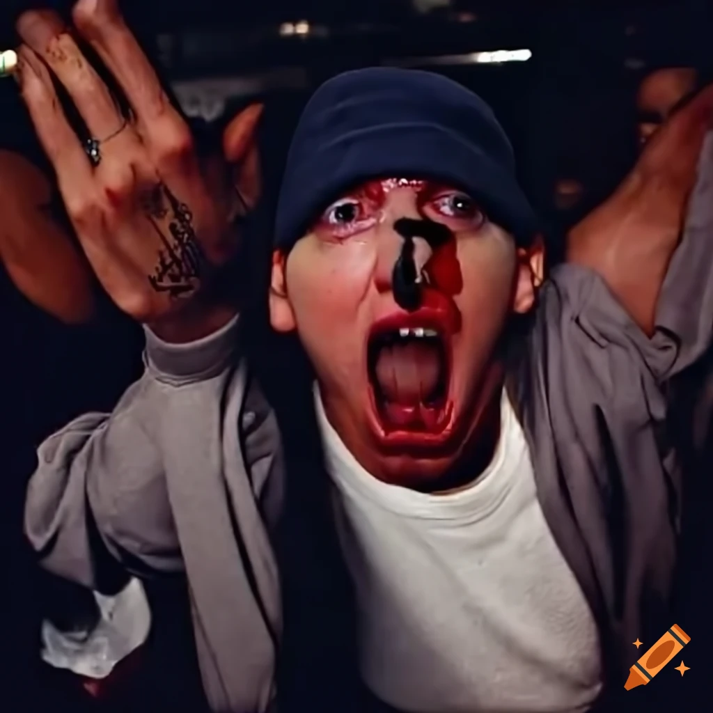 Eminem with a funny, crazy, angry face rapping in the streets of ...