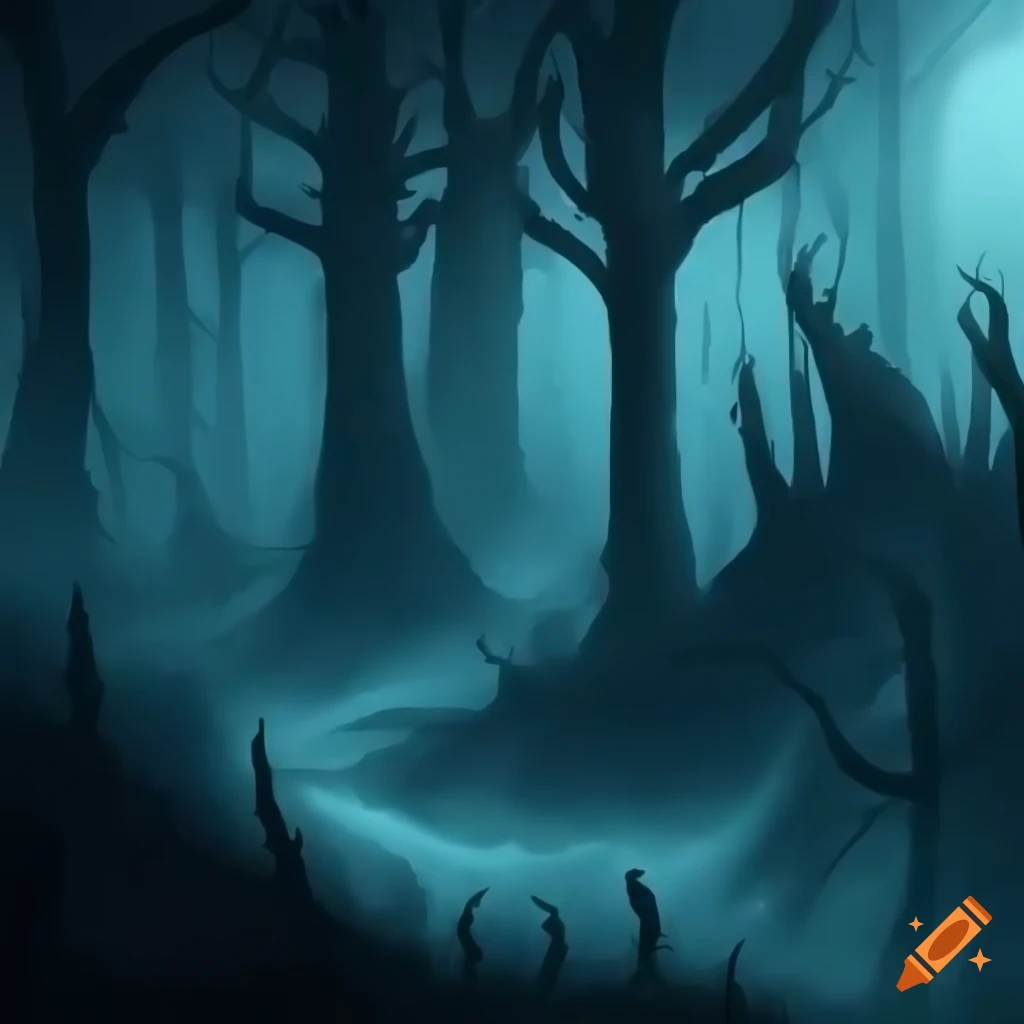 Mystical forest at night with fog, shadowy trees, and glowing fireflies ...