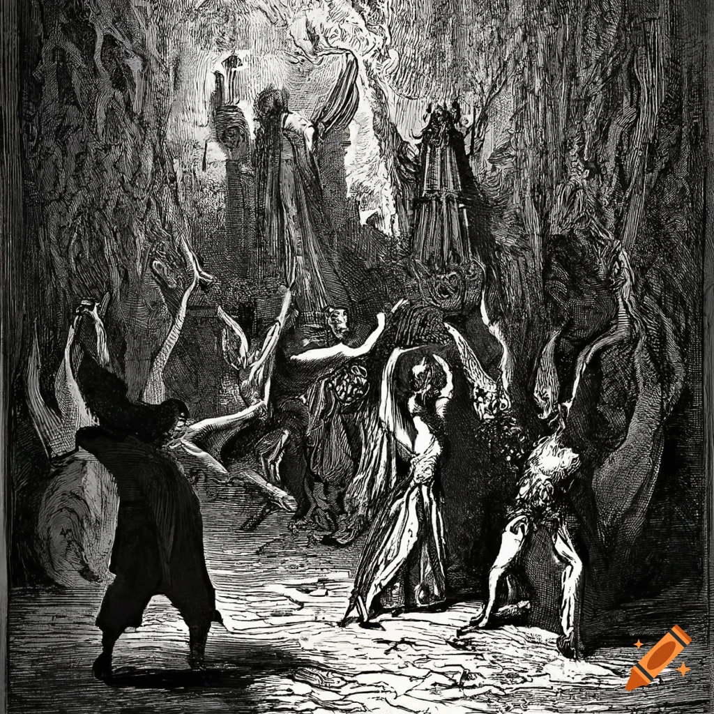 Group of cultists dancing around a pillar in Gustave Doré black and ...