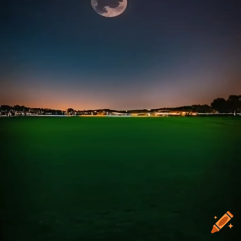 Cinematic landscape of a full moon illuminating a soccer pitch on Craiyon