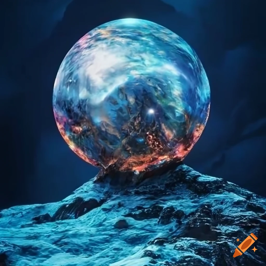 Aetherium Nexus Massive Crystal Orb on an Island Mountain Top on Craiyon