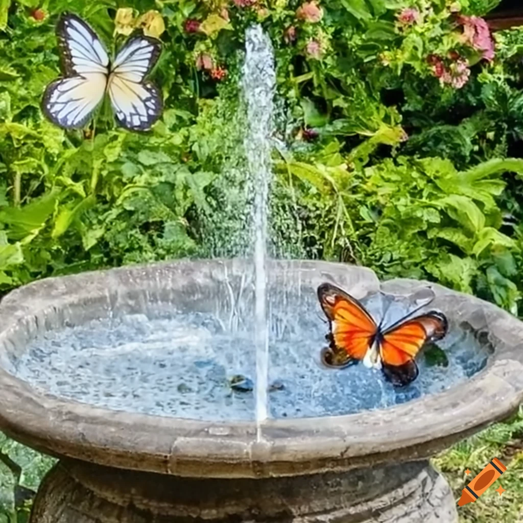 Water fountain surrounded by butterflies with crystal clear water on ...