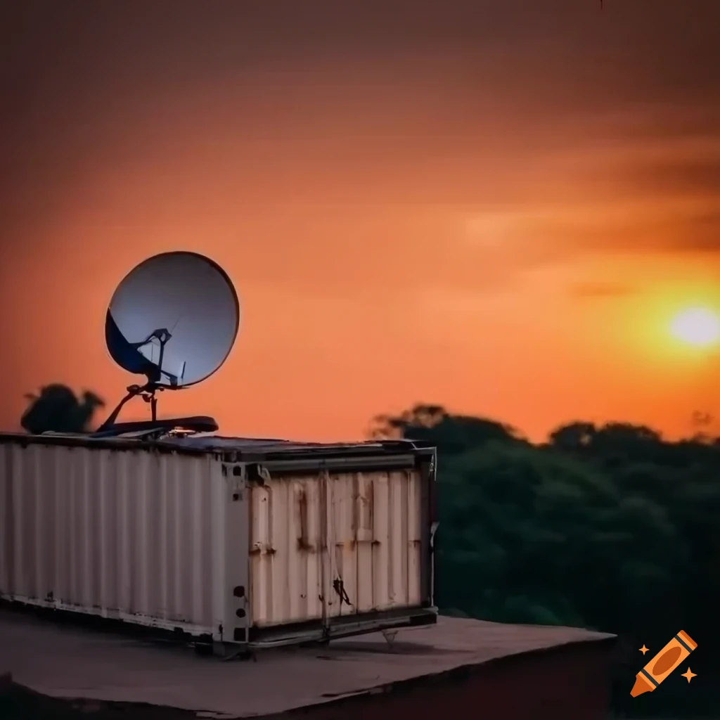 Sand-colored shipping container with a satellite dish in the African ...