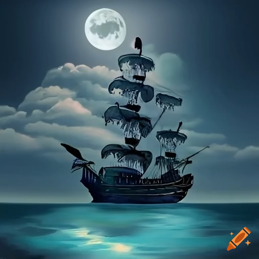 Ghost pirate ship floating on the sea at night under the moonlight on ...