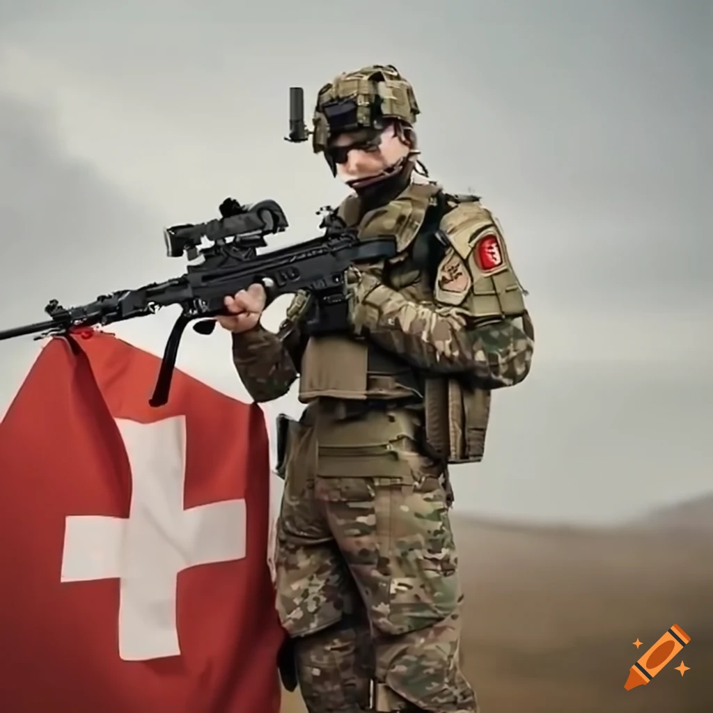 Soldier proudly presenting the Swiss flag with a modern rifle in a ...