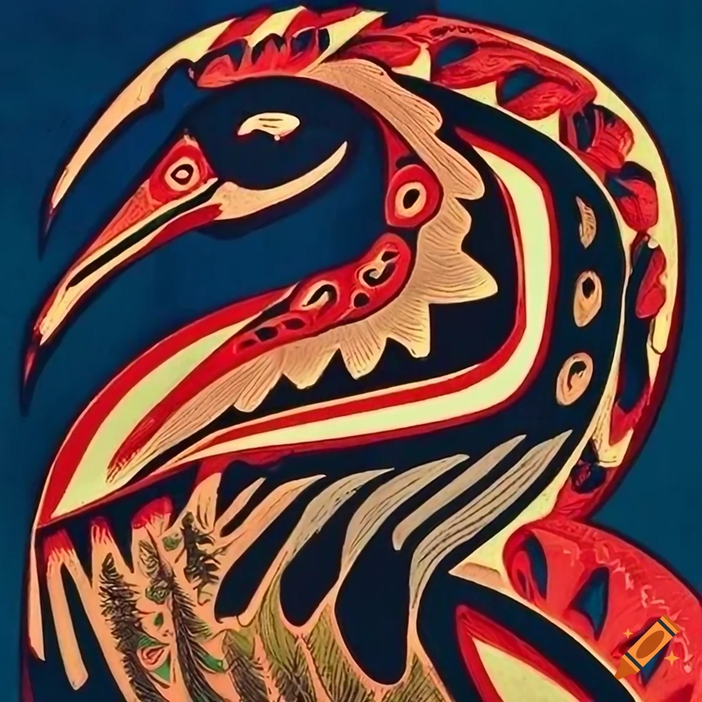 Japanese woodcut linoleum print of native Salish designs featuring ...