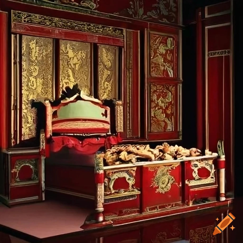 Intricately decorated chinese bed with rich colors and silk drapes on Craiyon