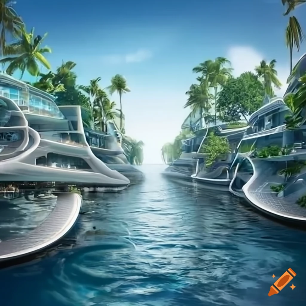 Futuristic tropical city by the sea on Craiyon