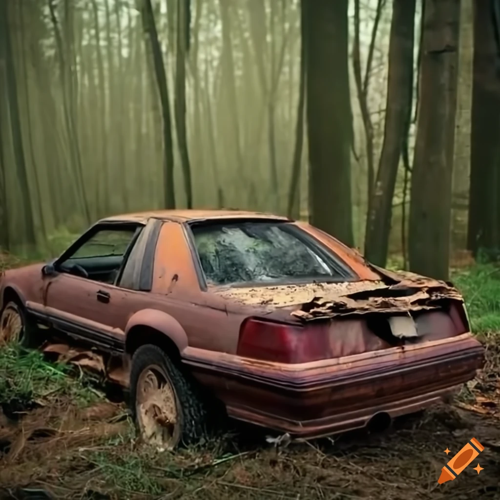 Abandoned rusty 1990s Ford Mustang in a forest on Craiyon