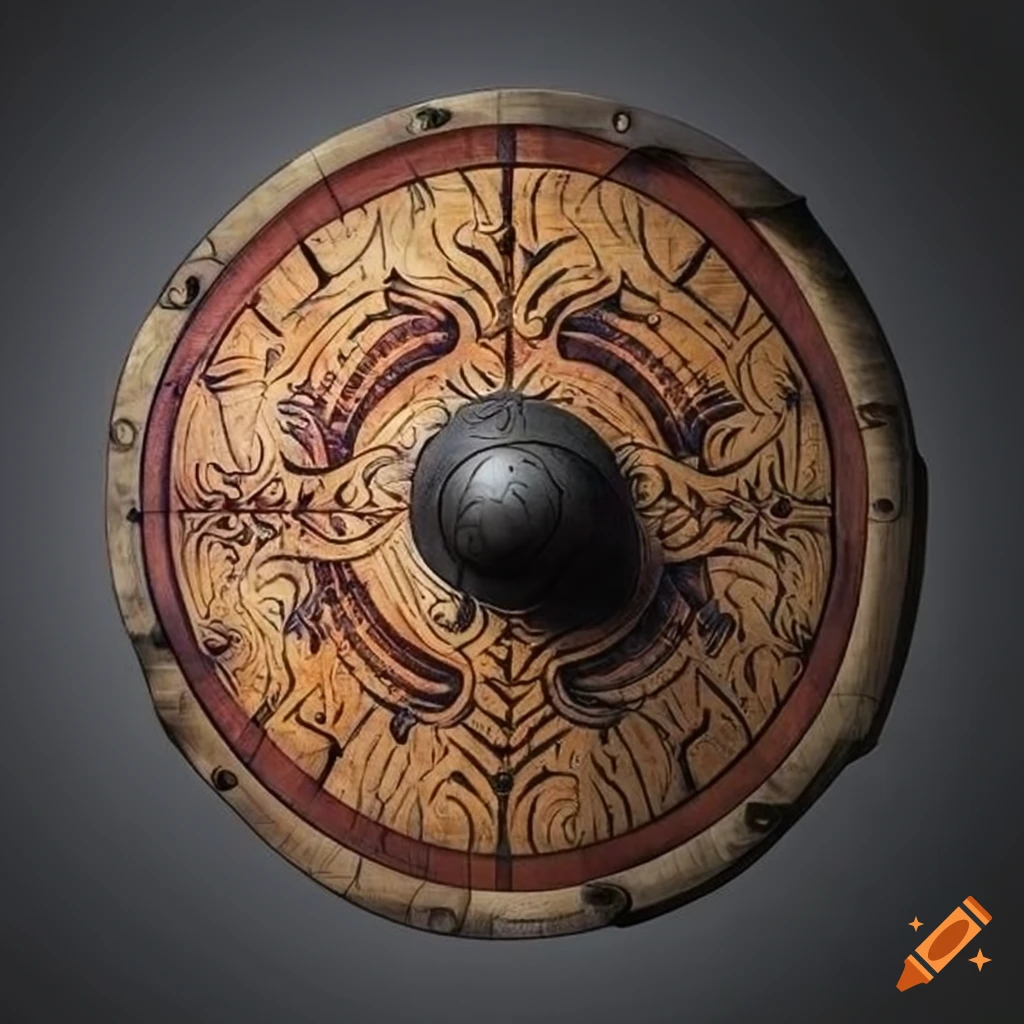 Intricate wooden round shield with artistic flame engravings on Craiyon