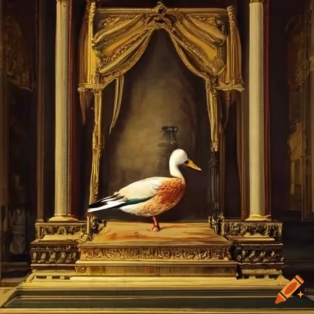 Majestic mallard duck on a gilded throne surrounded by renaissance ...
