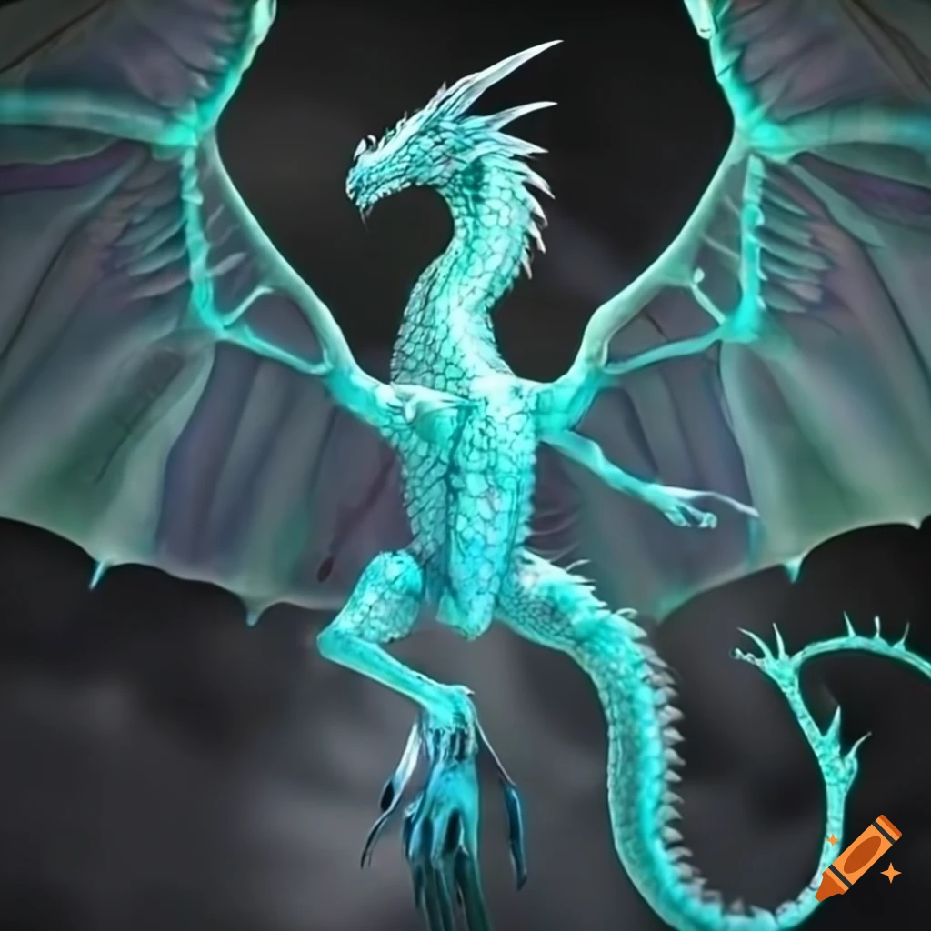 European dragon with glowing cyan translucent wings on Craiyon