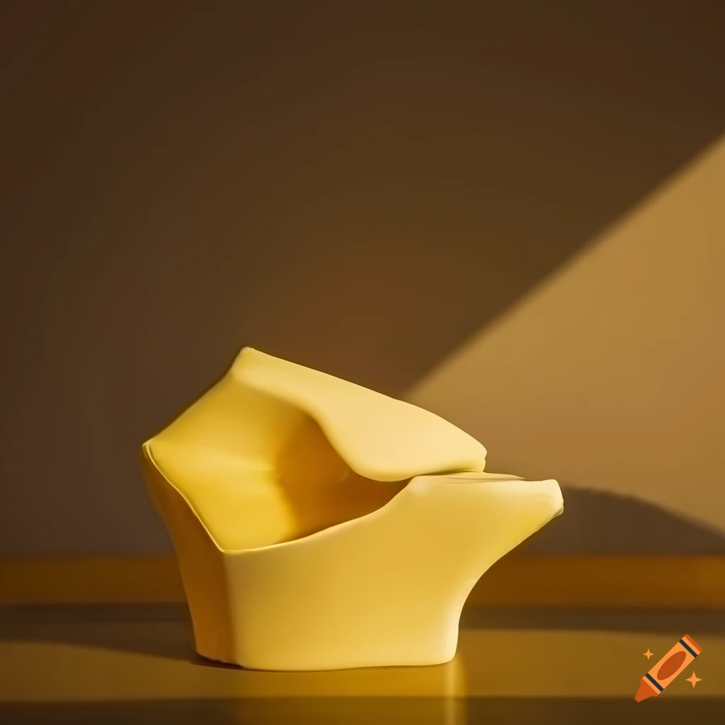 Yellow ceramic objects on a table near a window in a dark hotel room on ...