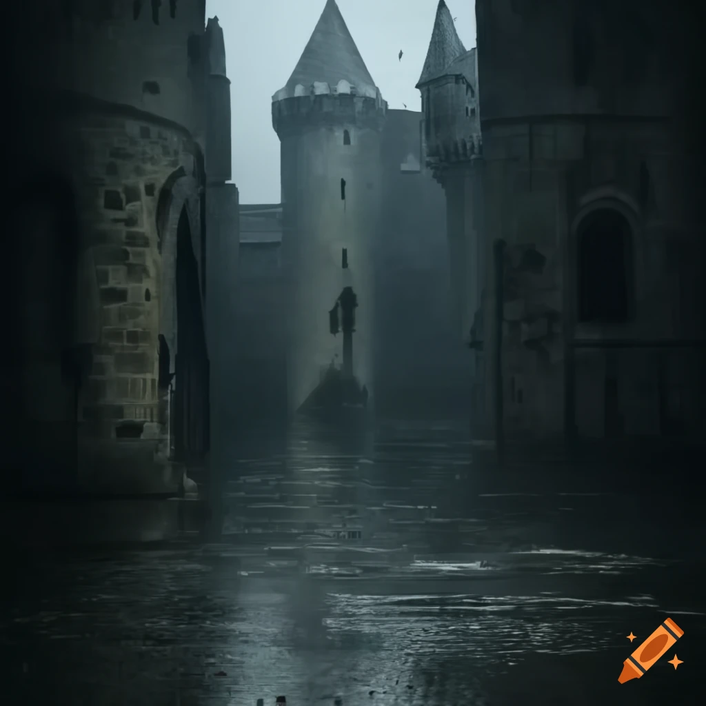 Rainy and sad medieval castle walkways with torches, monks in the dark ...