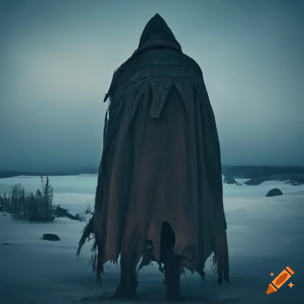 Muscular man in tattered cloak walking towards frozen wasteland with castle on horizon on Craiyon