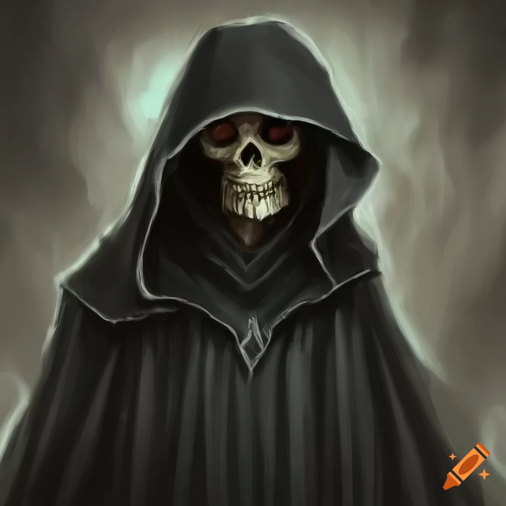 Skeleton sorcerer in black cloak in a barren city on Craiyon