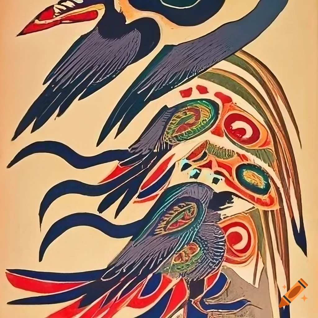 Japanese woodcut linoleum print with native Salish designs of Seahawks ...