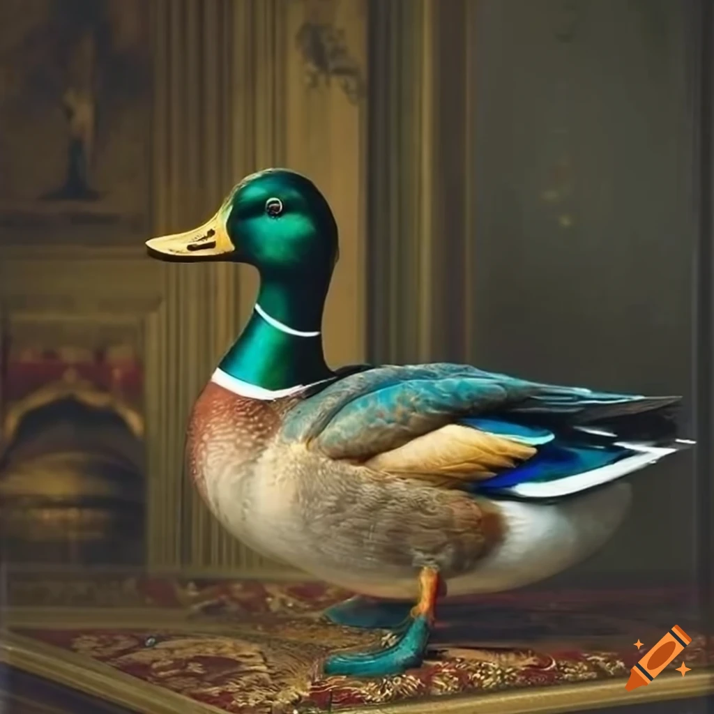 Noble mallard duck perched on a gold throne in a renaissance chamber on ...