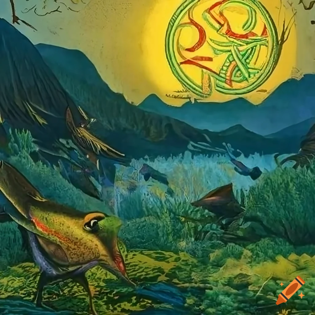 Panoramic view of celtic and native salish designs showcasing seahawks ...