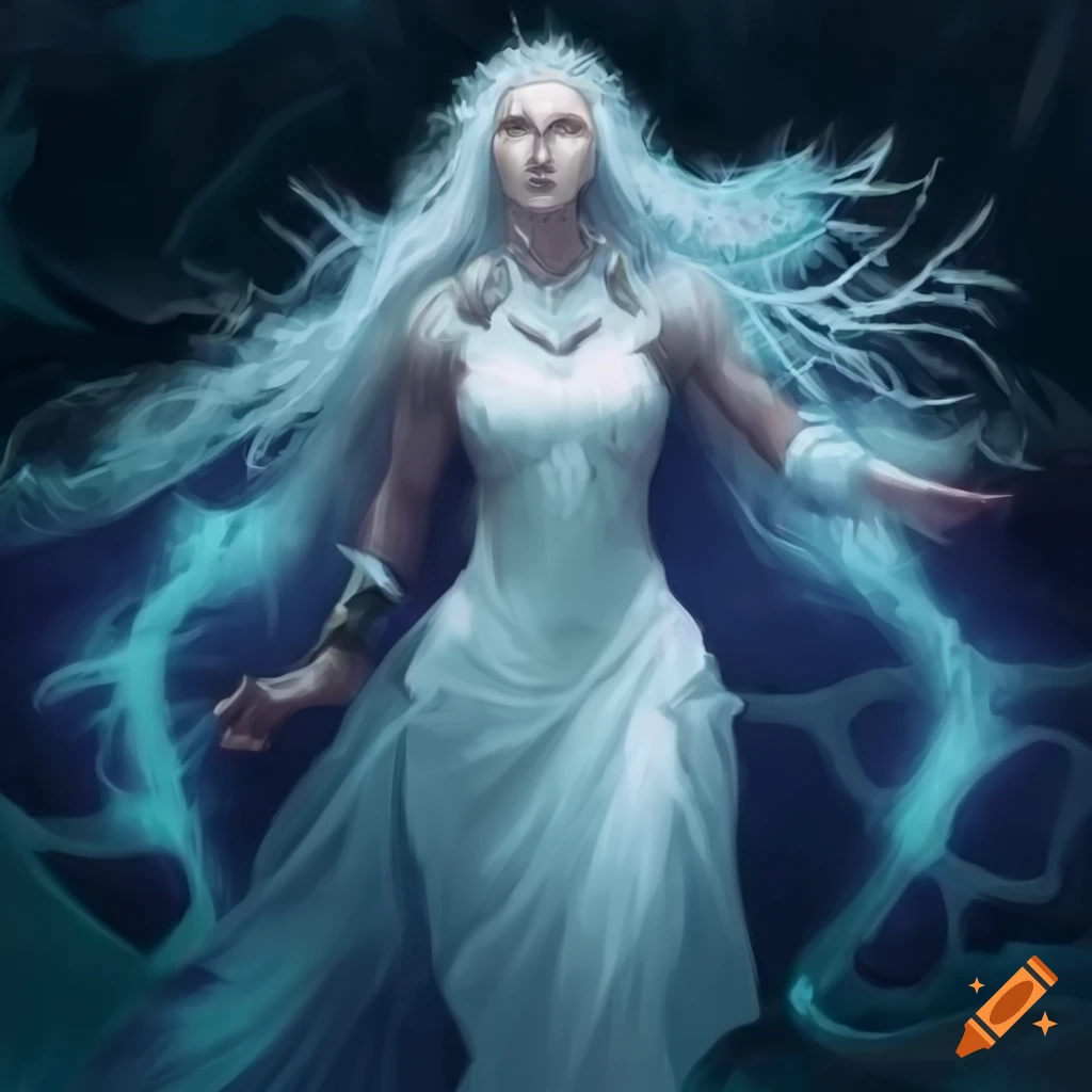 Huatli's Herald in MTG art style with a white misty aura on Craiyon