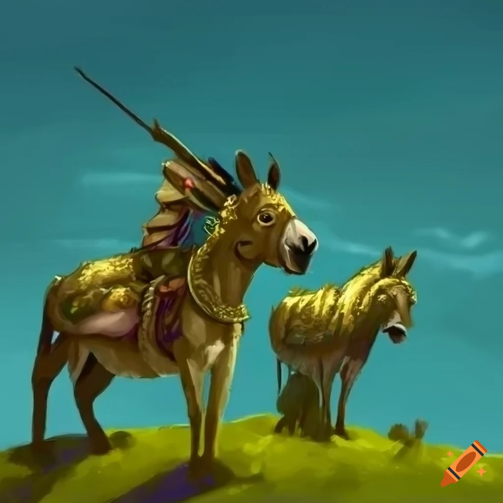 Golden donkey exploring a rustic trail in a fantasy setting on Craiyon