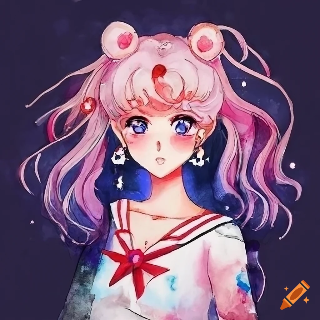 Kawaii girl fashion in Sailor Moon style anime watercolor wash on Craiyon