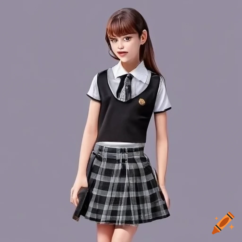 Gray polo, black vest, and checkered skirt school uniform on Craiyon
