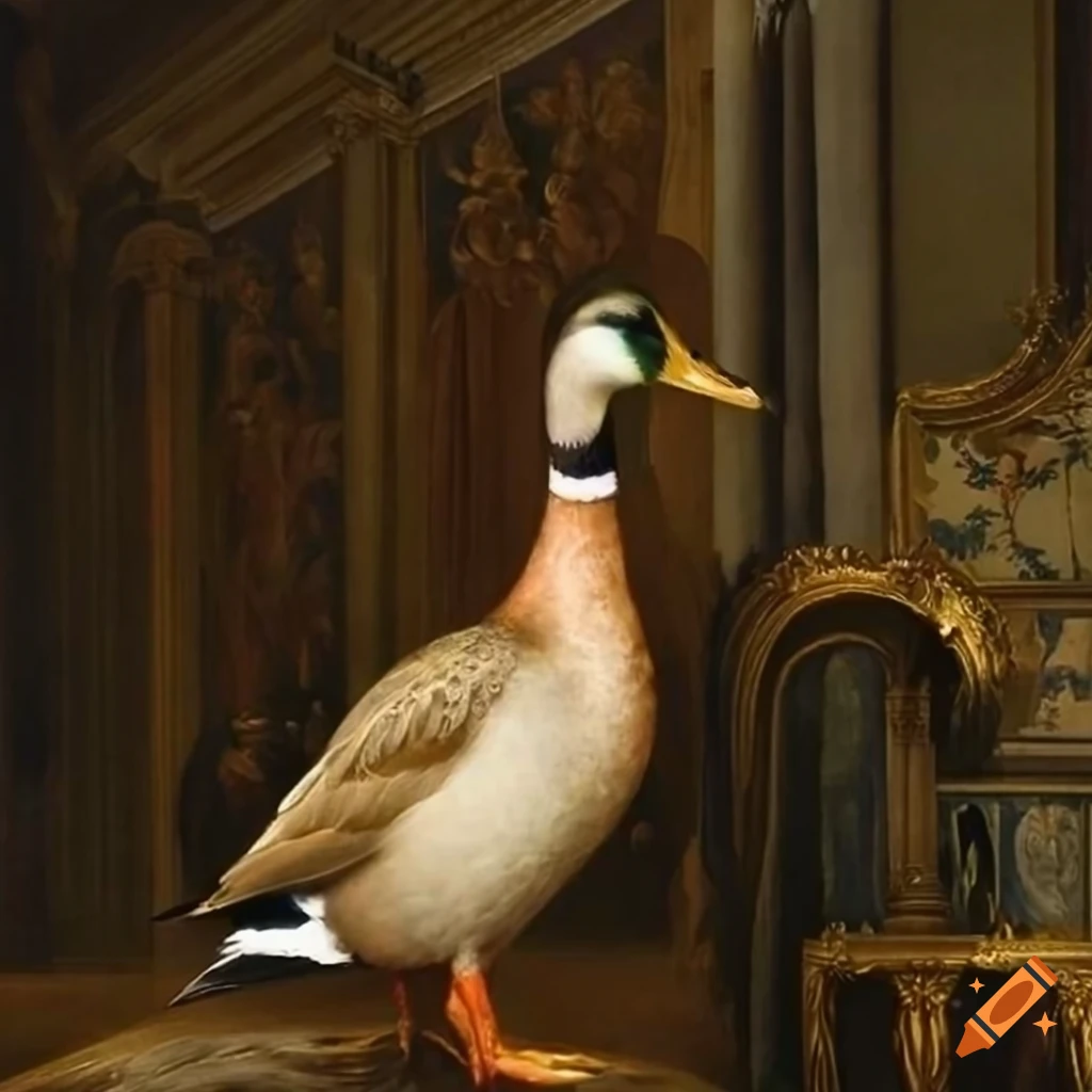 Majestic mallard duck on a gilded throne in a renaissance-styled ...