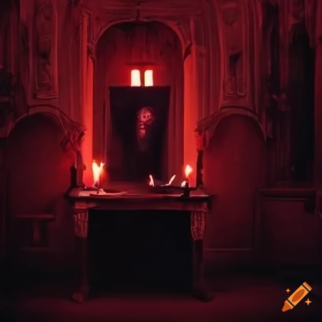 Faceless figure above altar surrounded by candles in dark red horror ...