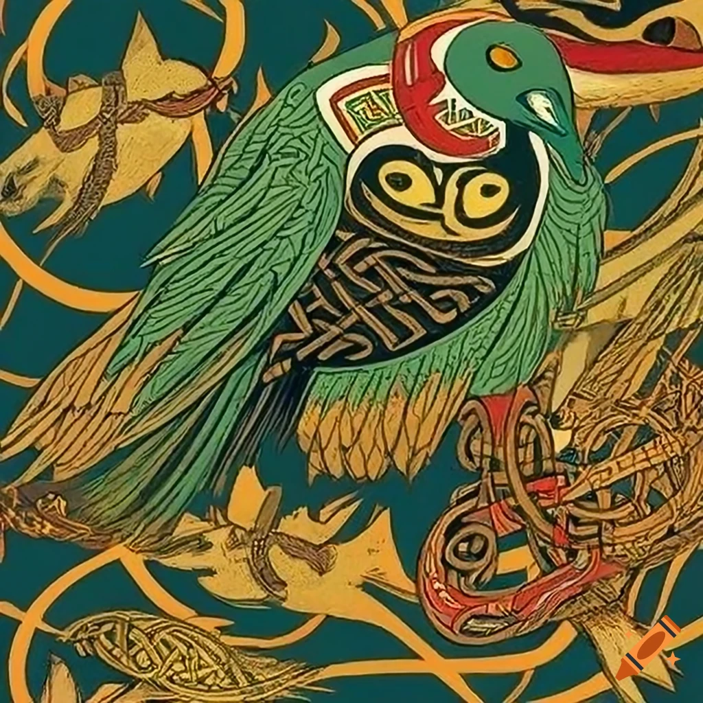 Panoramic view of celtic and native salish designs showcasing seahawks ...