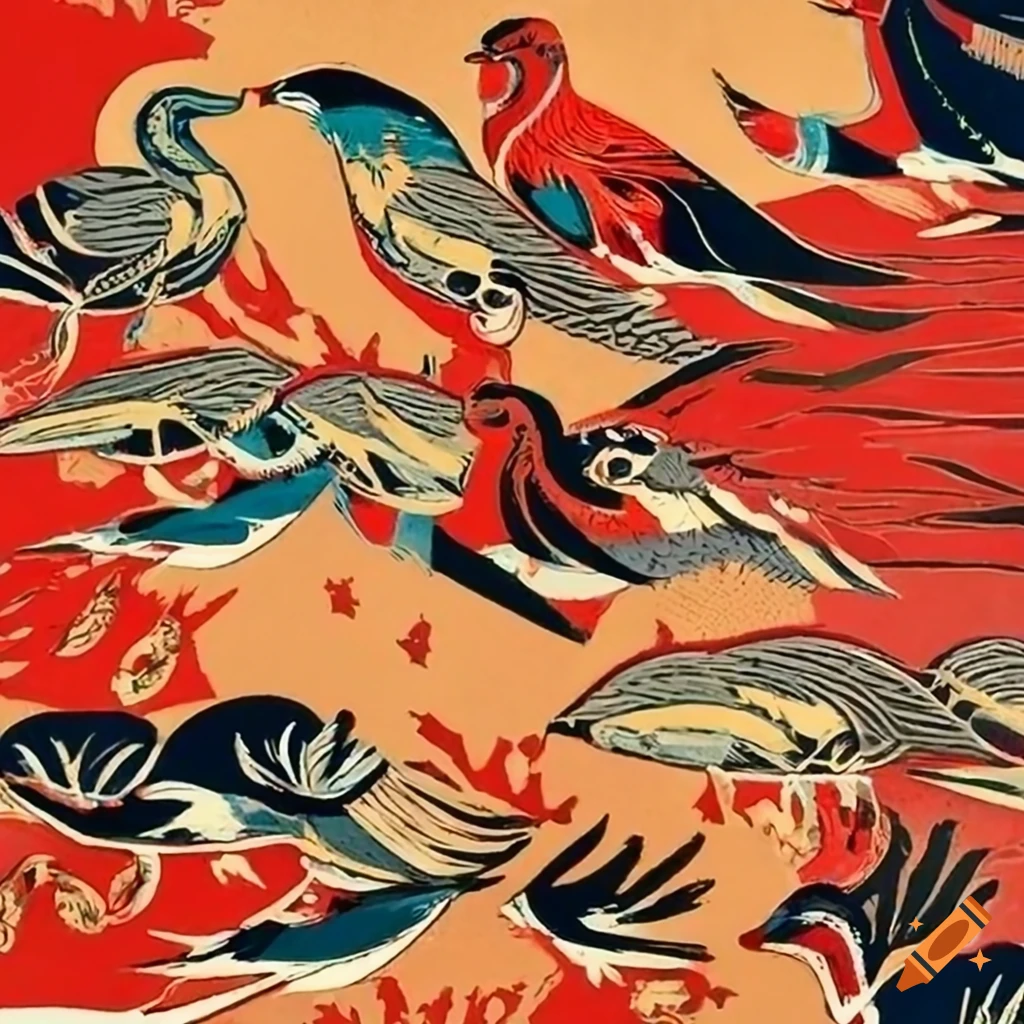 Japanese woodcut linoleum print with native salish designs of seahawks ...