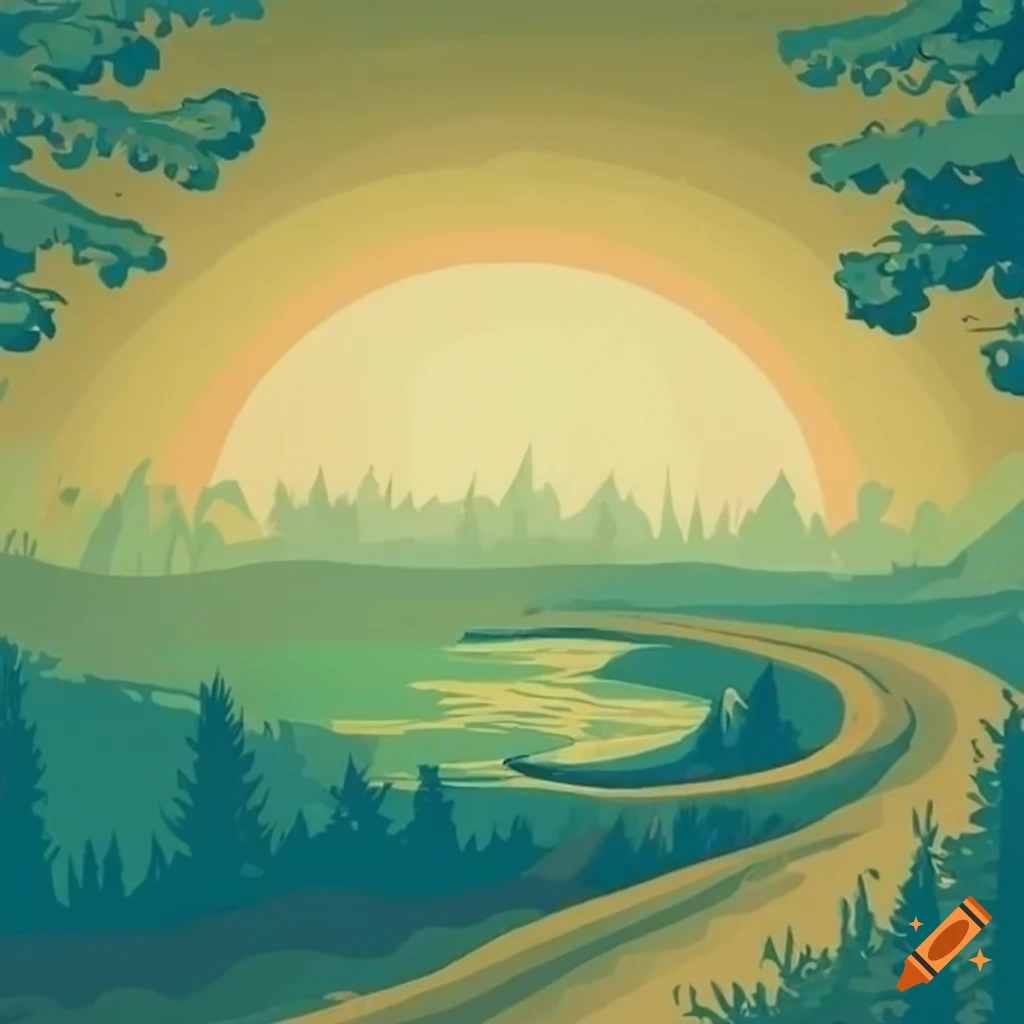 Old paper scroll with drawing of a splendid landscape with forests ...