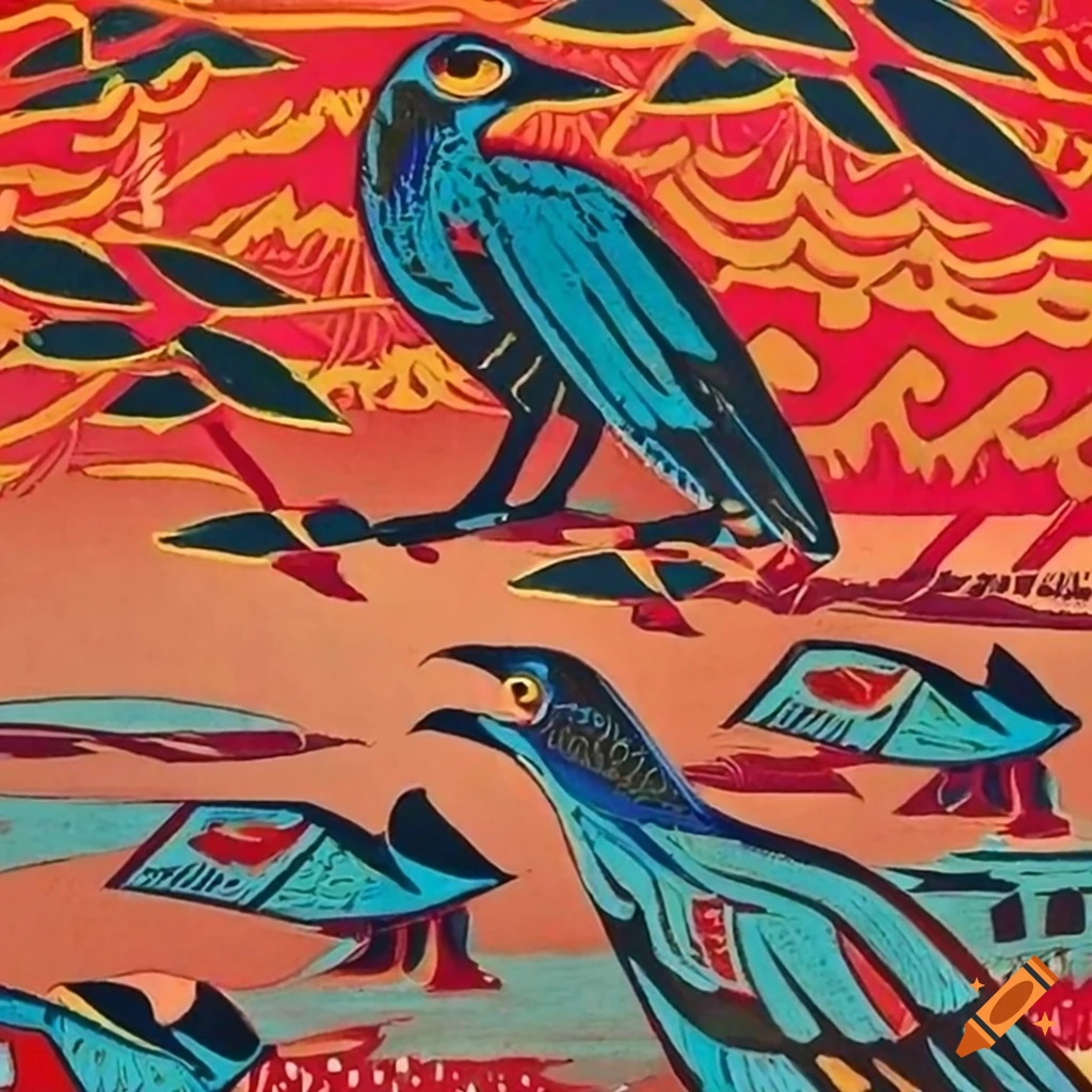 Japanese woodcut linoleum print of native Salish designs with Seahawks ...