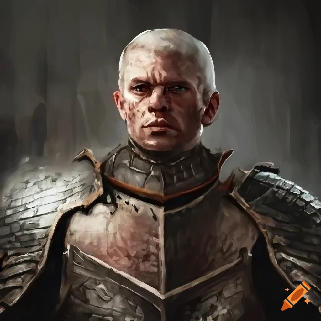 Portrait of male warrior in heavy armor in dungeon setting on Craiyon