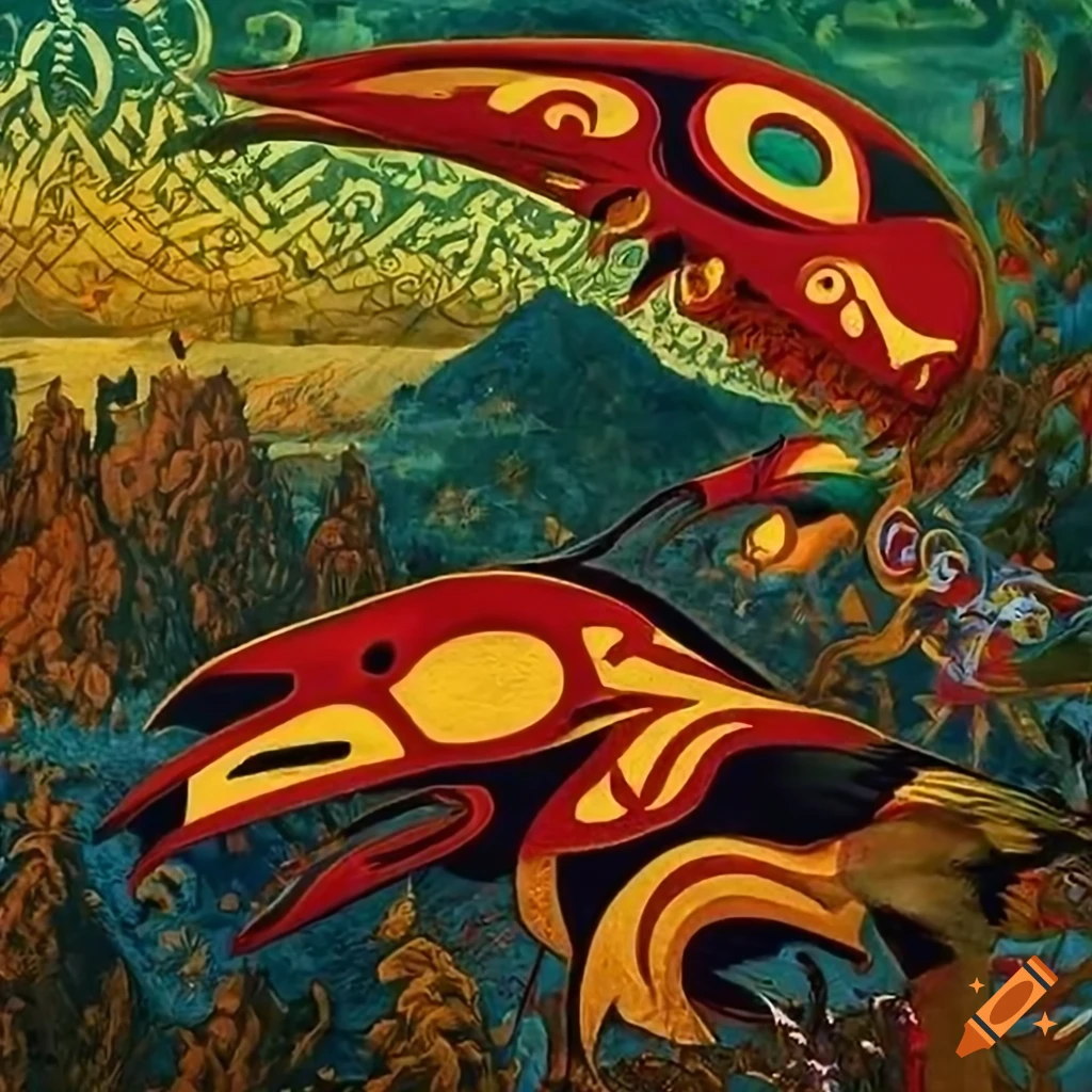 Wide view panorama of Celtic and Salish designs with Seahawks, ravens ...