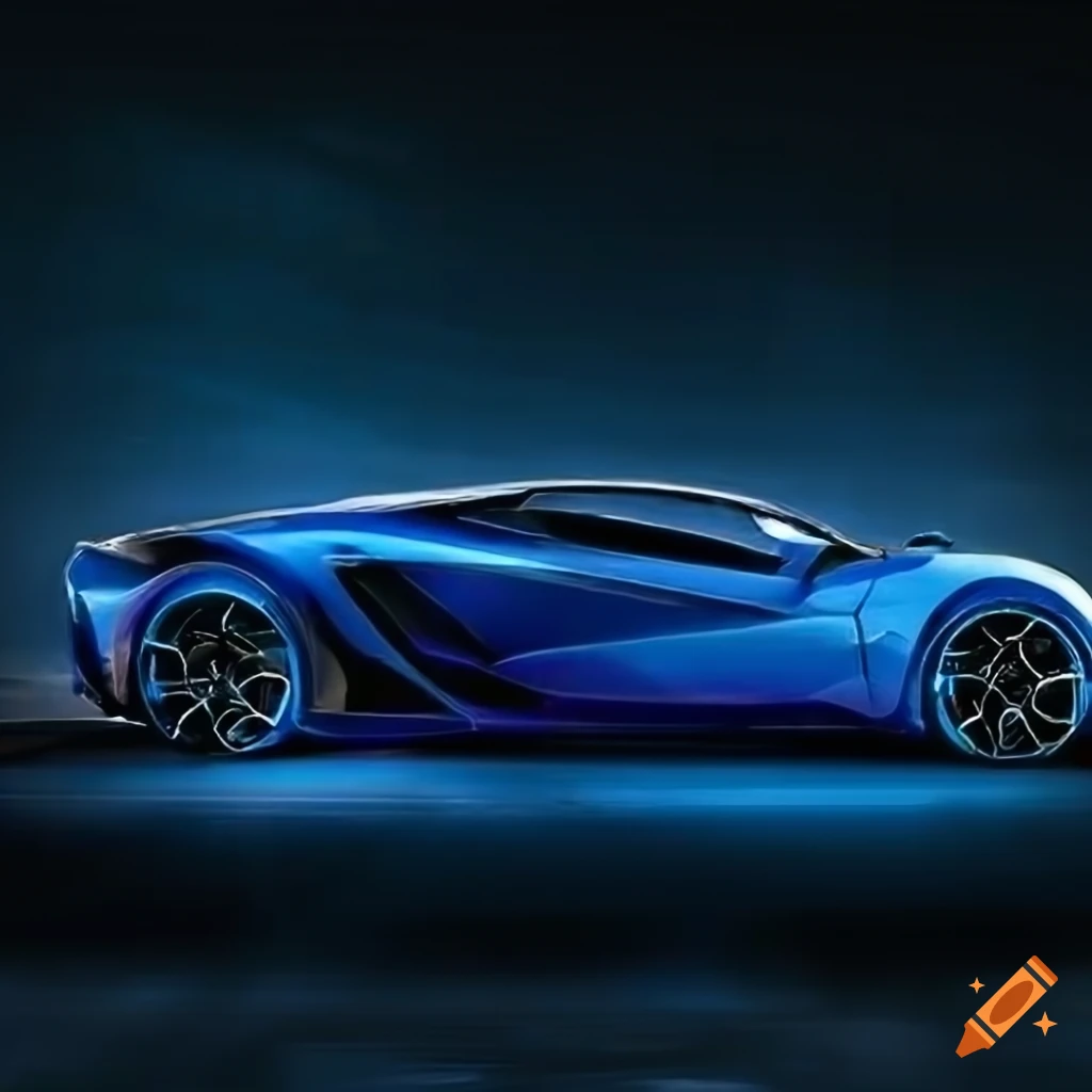 Sleek blue supercar in an industrial setting on Craiyon