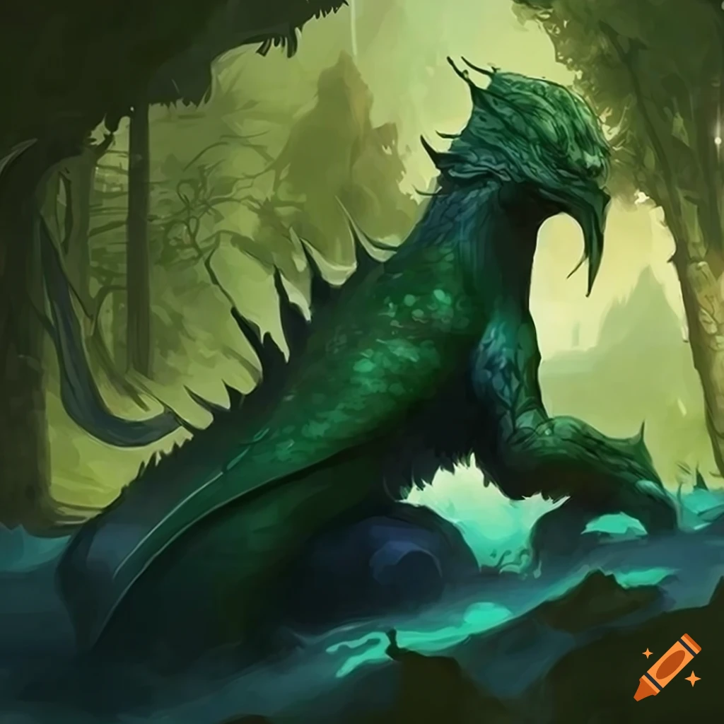 Hulking drake crawling through river in a forest, Magic: The Gathering ...