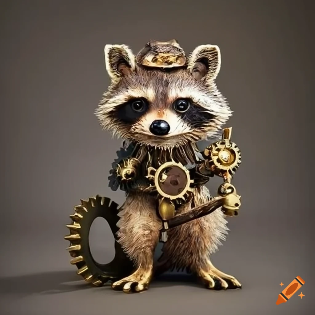 Quirky steampunk raccoon with gears and brass accents on Craiyon