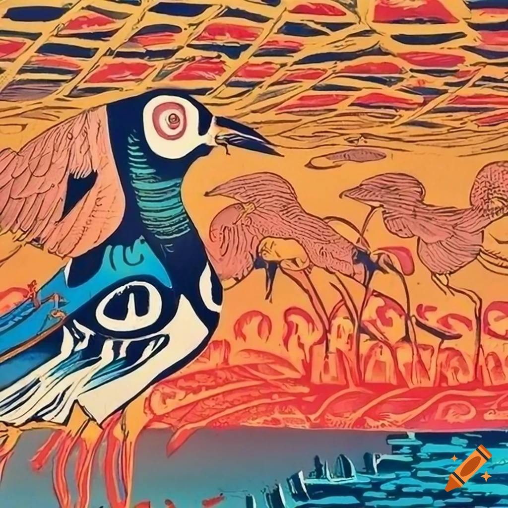 Japanese woodcut linoleum print of native salish designs with seahawks ...