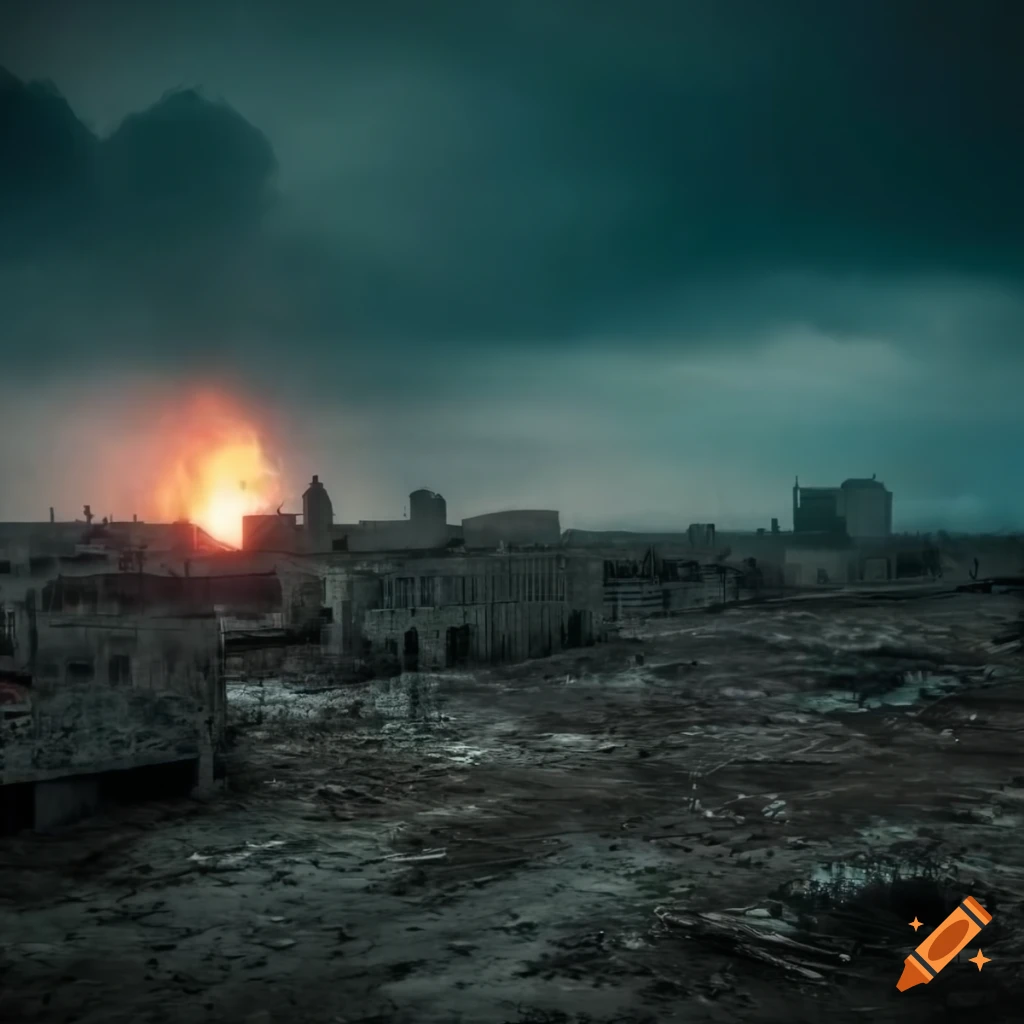 Post-nuclear apocalyptic landscape with ruined buildings and burning skies on Craiyon