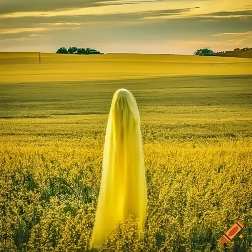 Yellow ghost spirit in a yellow field in vhs photography style on Craiyon
