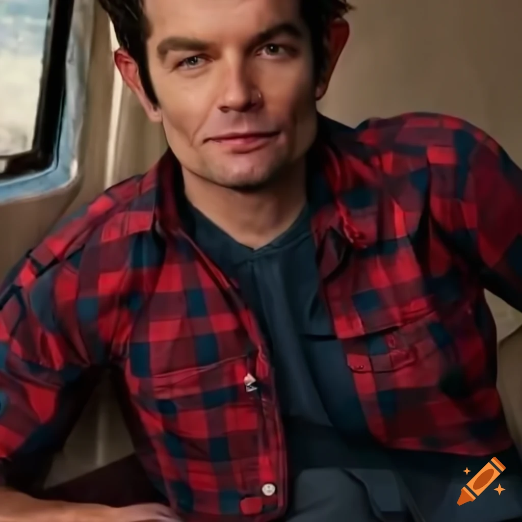 Young man in red plaid shirt and black leather trousers sitting in an old caravan trailer on Craiyon