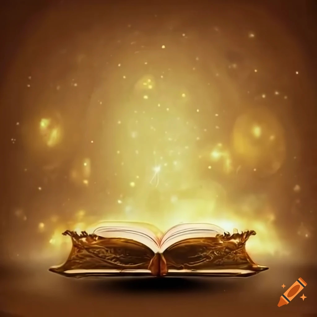Magical gold and bronze background with open flying magic spells book ...