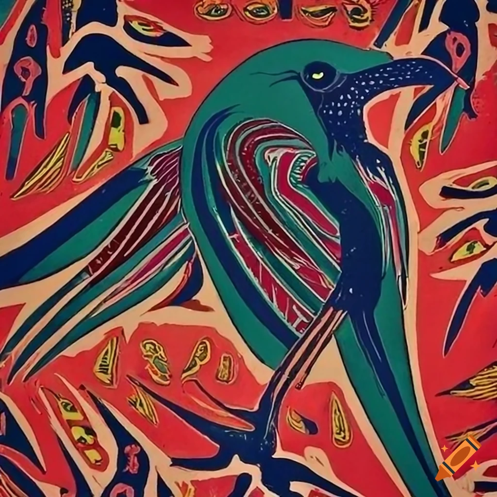 Japanese woodcut linoleum print with native Salish designs of Seahawks ...