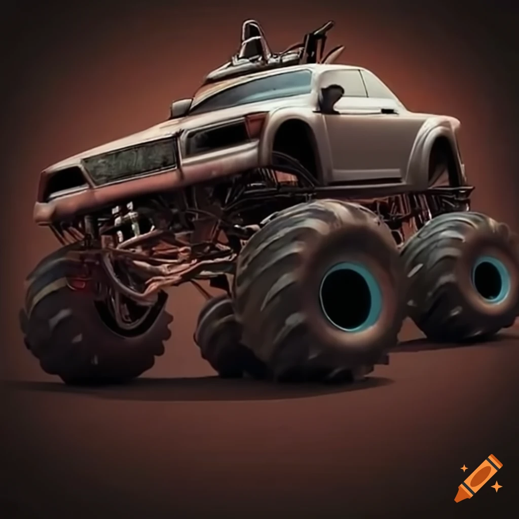 Car with monster truck wheels resembling an evil vehicle on the road on ...