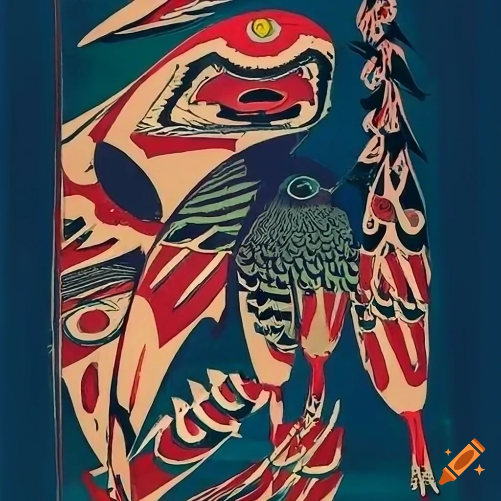 Japanese woodcut linoleum print with native Salish designs of Seahawks ...