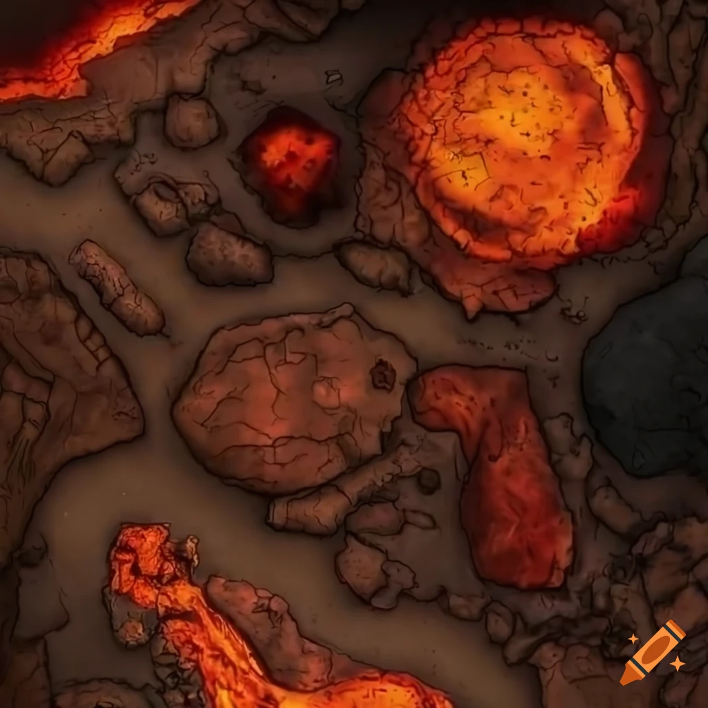 Top view of a rocky wasteland DND map with hills, rocks, and lava on ...